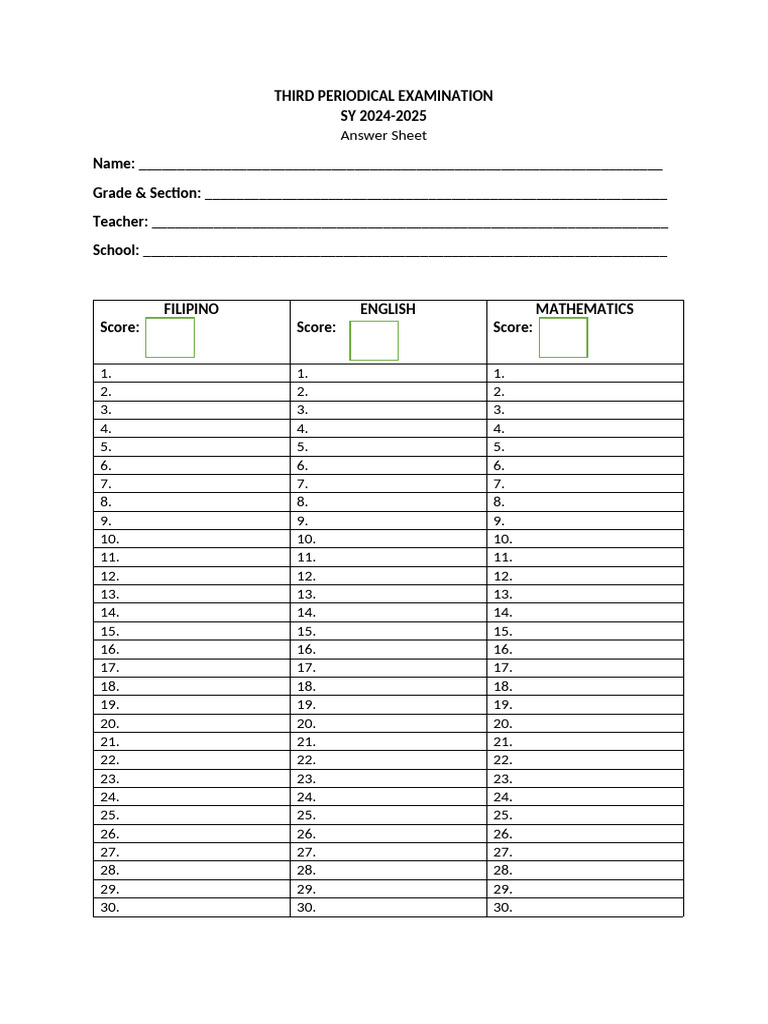 Third Periodical Examination Answer Sheet | PDF