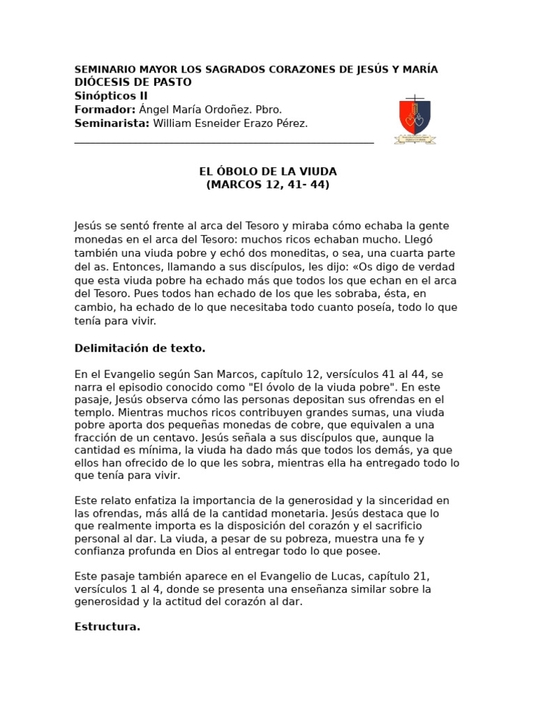El Óbolo de la Viuda en Marcos 12:44 | PDF | Jesús | Tetragrammaton