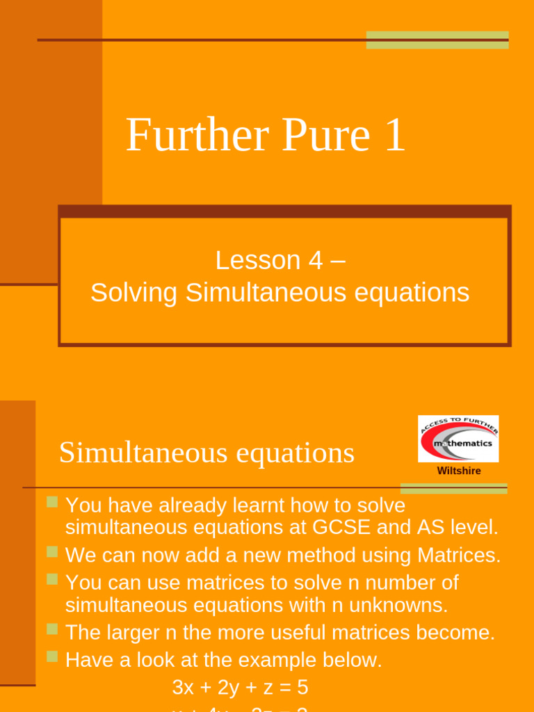 赠 fp1-simultaneous-equations-lesson-4 | PDF | Matrix (Mathematics ...
