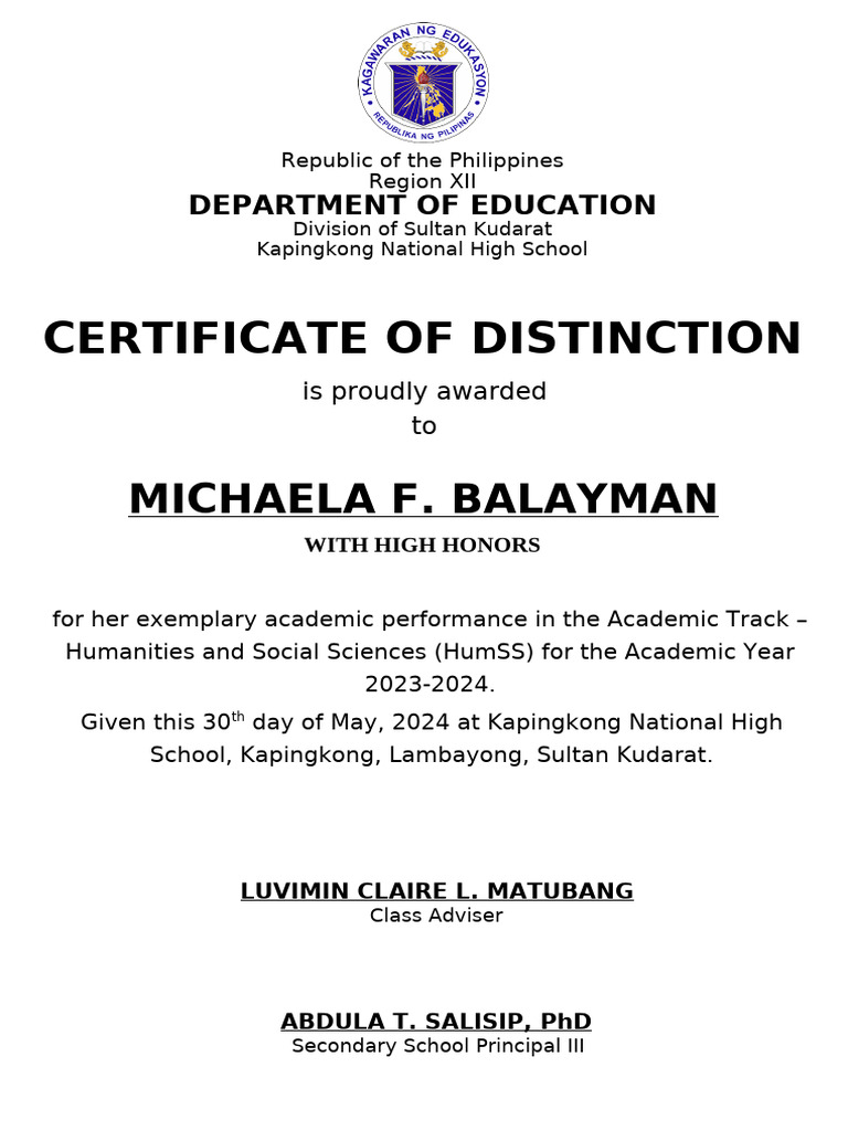 Certificate of Distinction A4 | PDF
