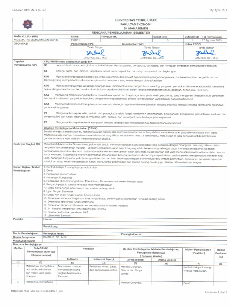 RPS Matematika Ekonomi (1) | PDF