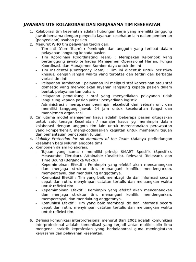 JAWABAN UTS KOLABORASI DAN KERJASAMA TIM KESEHATAN | PDF