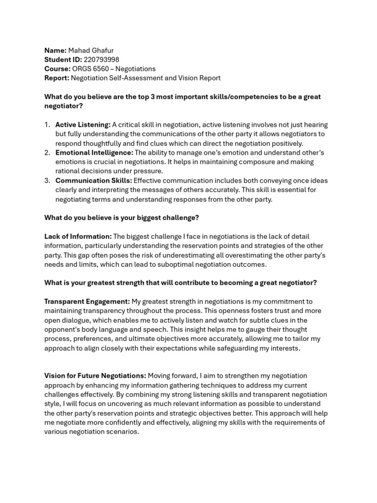 Negotiation Self Assessment and Vision Report | PDF