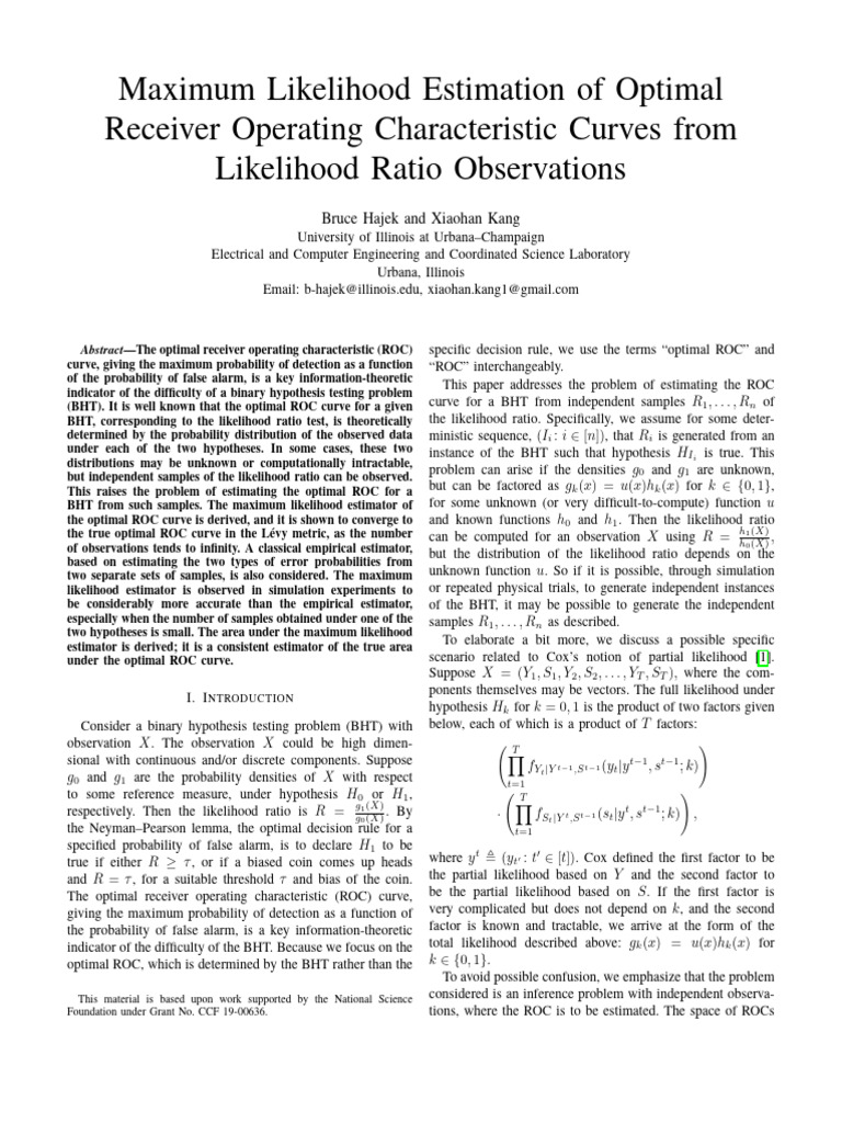 Estimating Optimal ROC Curves Using MLE | PDF | Receiver Operating ...