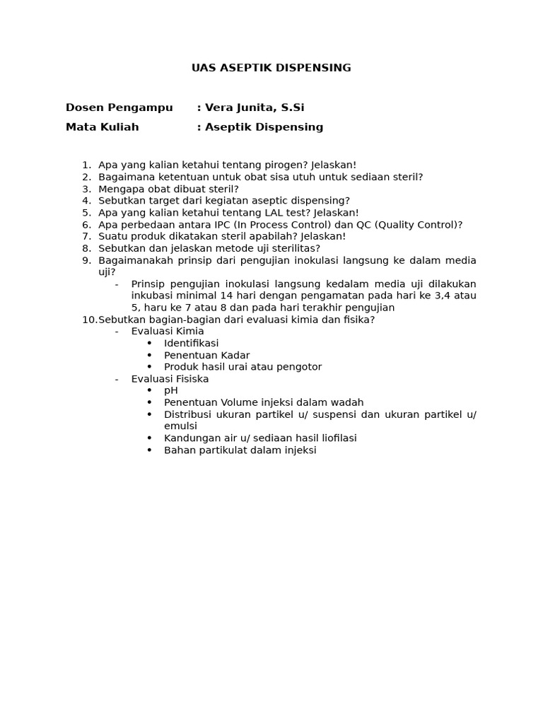 UAS Aseptik Dispensing: Pirogen, Sterilitas, dan Evaluasi Kimia-Fisika | PDF