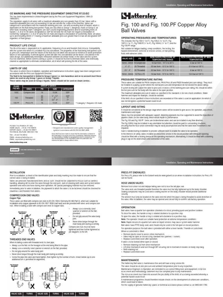 Hattersley Fig 100 100.PF Ball Valve IOM2 | PDF | Valve | Pipe (Fluid ...