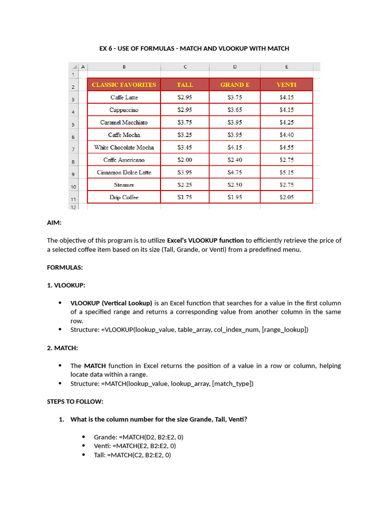 Excel VLOOKUP for Coffee Pricing | PDF