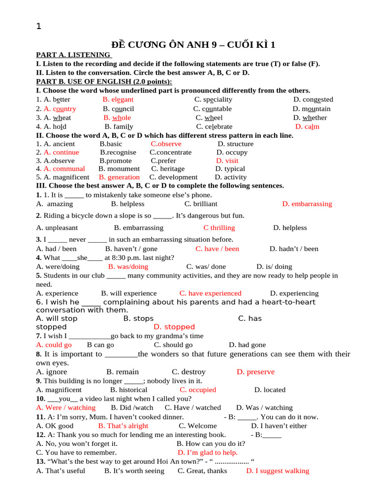 Đề cương ôn Anh 9 - CK1 | PDF | Experience