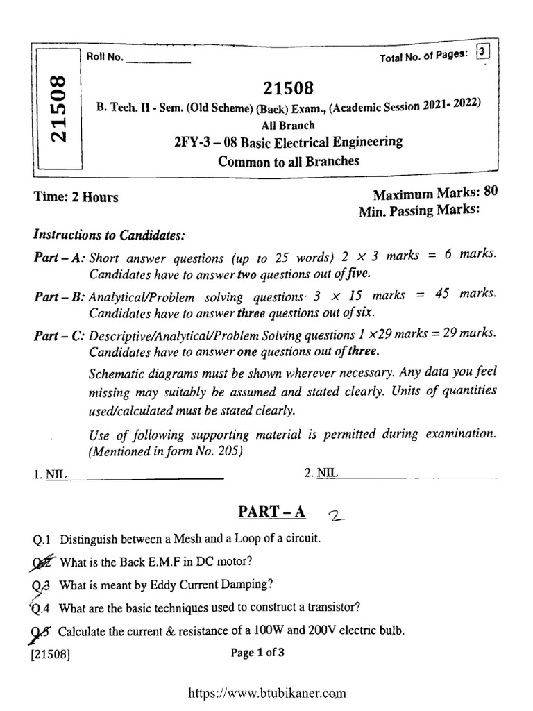 Btech 2 Sem Basic Electrical Engineering 21508 2022 | PDF