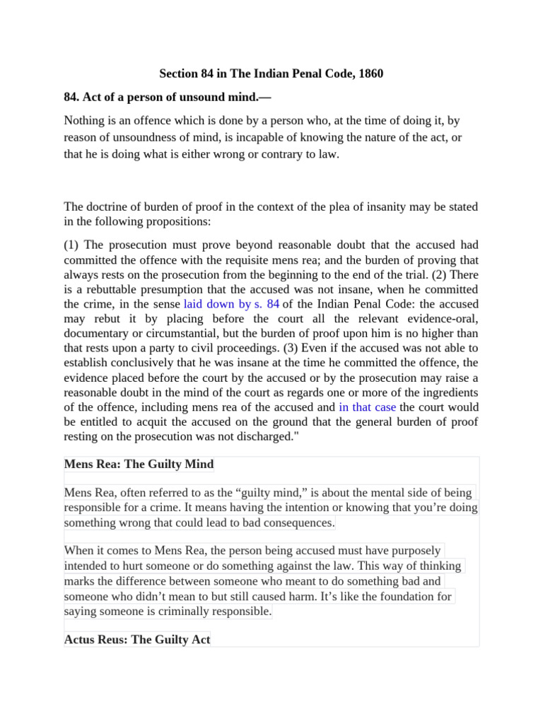Section 84 in The Indian Penal Code | PDF | Mens Rea | Burden Of Proof (Law)