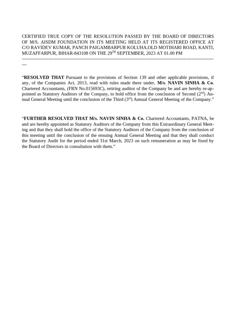 Board Resolution: Auditor Reappointment | PDF
