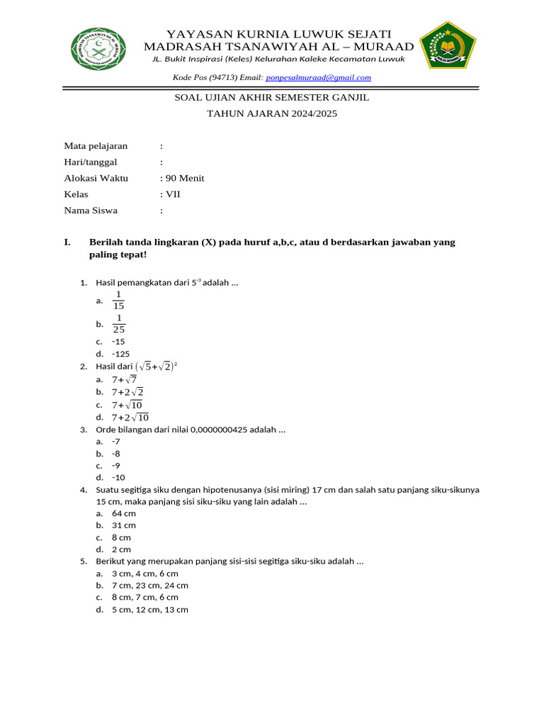 PENILAIAN AKHIR SEMESTER MTK KLS 8 | PDF
