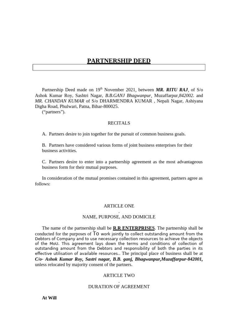 Ritu Raj Partnership Deed | PDF | Partnership | Bookkeeping