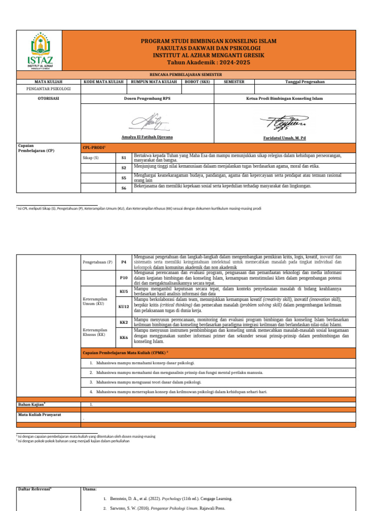 RPS Pengantar Psikologi 2024-2025 | PDF