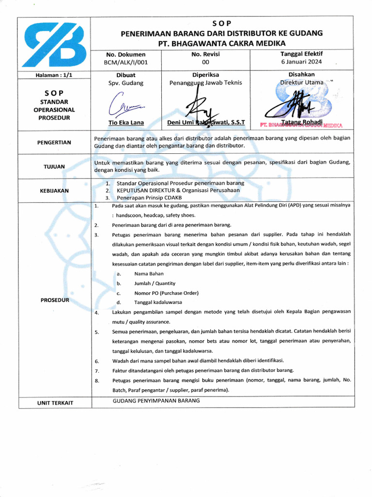 SOP Penerimaan Penyimpanan Distribusi | PDF