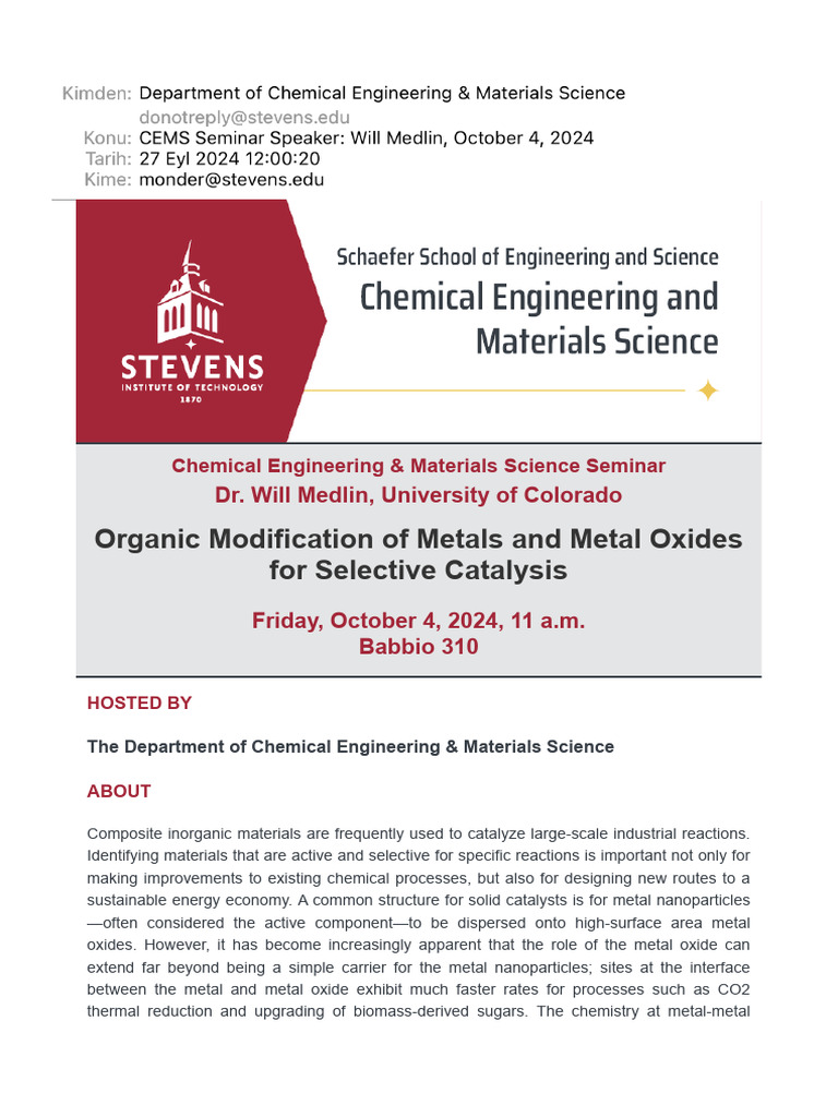 CEMS Seminar Speaker Will Medlin, October 4, 2024 | PDF | Catalysis | Chemical Reactions