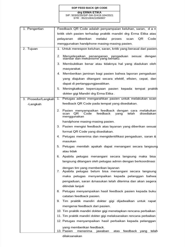 SOP Feedback QR Code drg Erma Etika | PDF