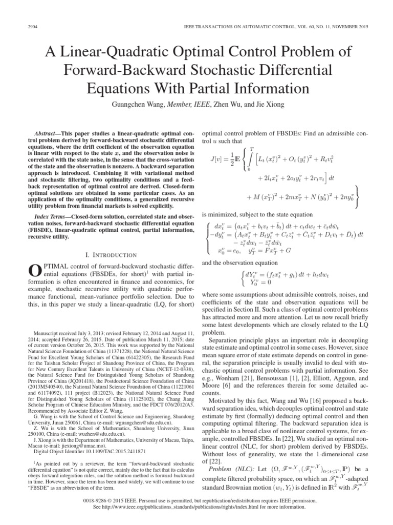LQ Control of FBSDEs with Partial Info | PDF | Optimal Control | Equations
