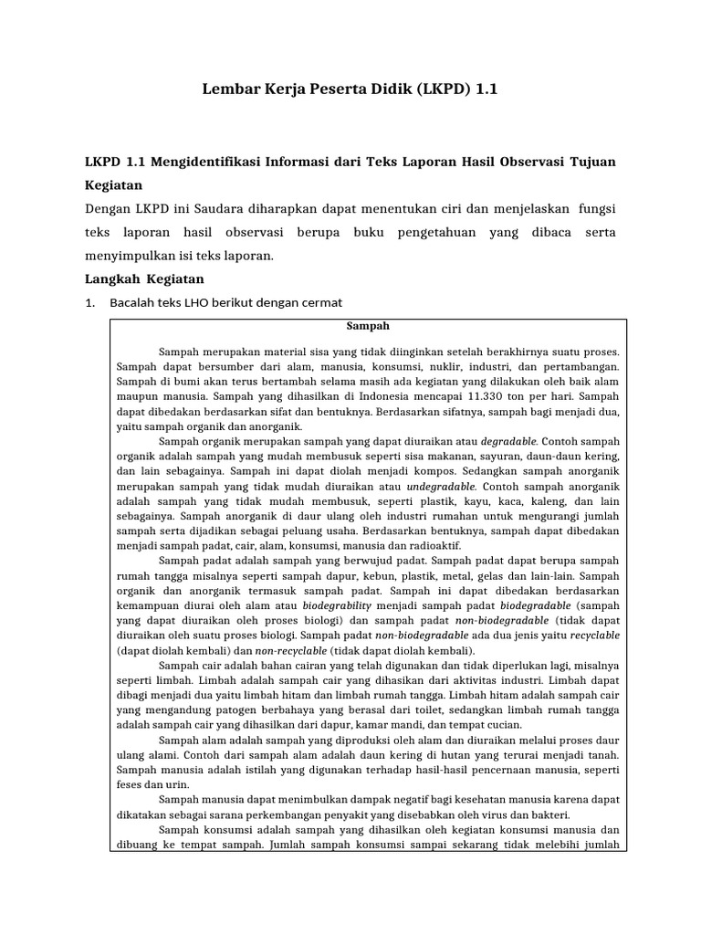 LKPD 1.1 Mengidentifikasi Informasi Dari Teks Laporan Hasil Observasi Tujuan Kegiatan | PDF
