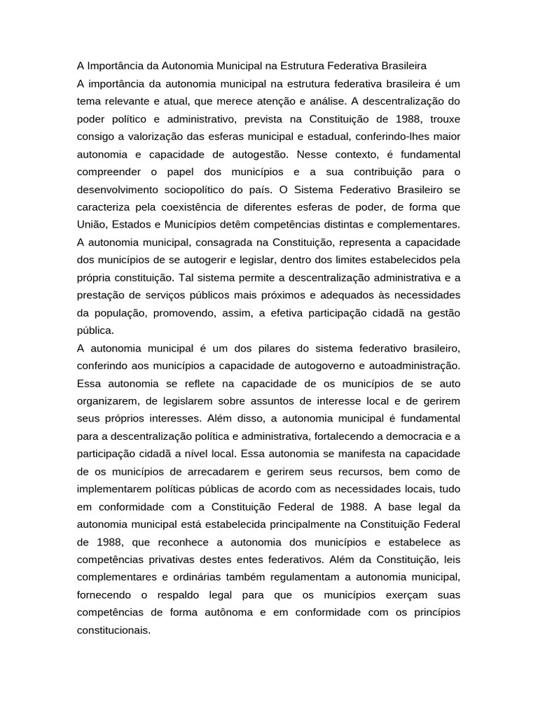A Importância Da Autonomia Municipal Na Estrutura Federativa Brasileira ...