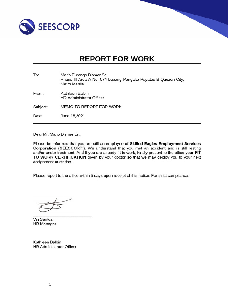 Work Resumption Notice | PDF