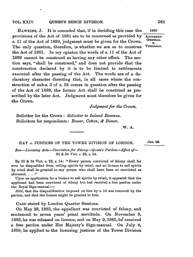 HAY v. JUSTICES OF THE TOWER DIVISION OF LONDON. (1890) 24 Q.B.D. 561 | PDF