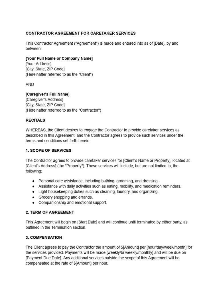 Caretaker Services Contractor Agreement | PDF | Employment | Legal ...