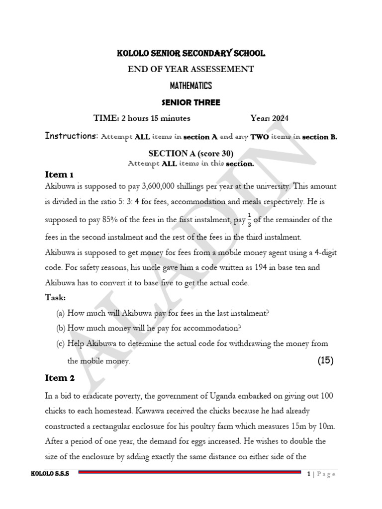 Kololo Senior Secondary School End of Assessement Mathematics S.3 2024 ...