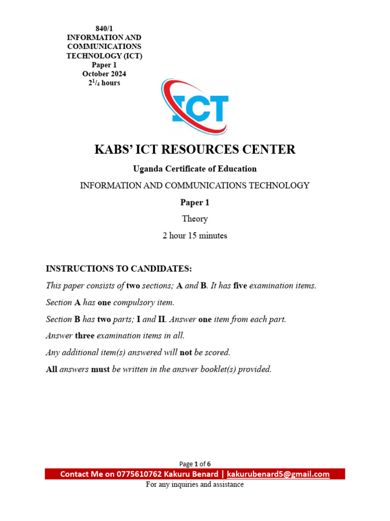 INFORMATION AND COMMUNICATIONS TECHNOLOGY (ICT) Paper 1 October 2024 | PDF | Computer File ...