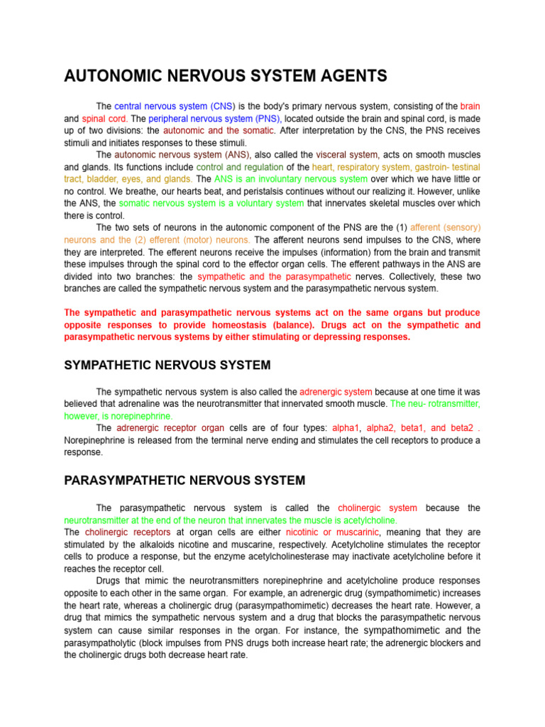 AUTONOMIC-NERVOUS-SYSTEM-AGENTS | PDF | Autonomic Nervous System | Acetylcholine