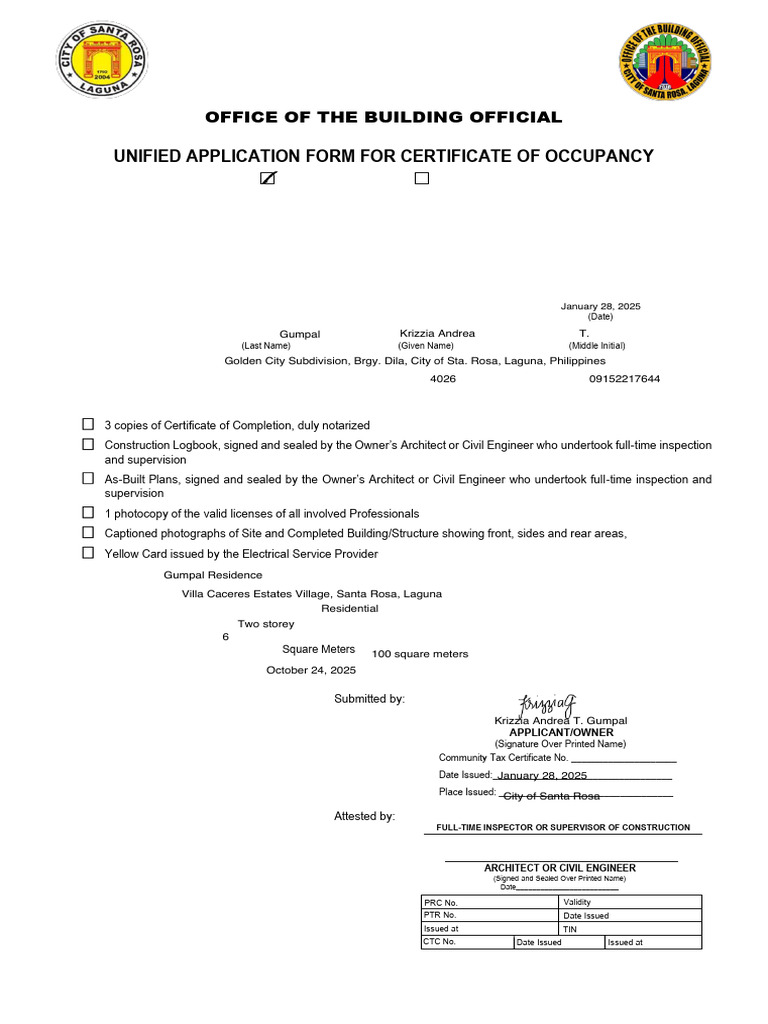 Santa Rosa Certificate of Occupancy Form | PDF
