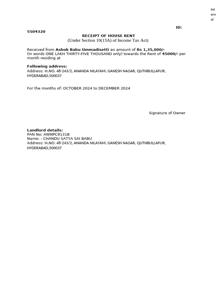 HRA - Receipt Oct To Dec | PDF