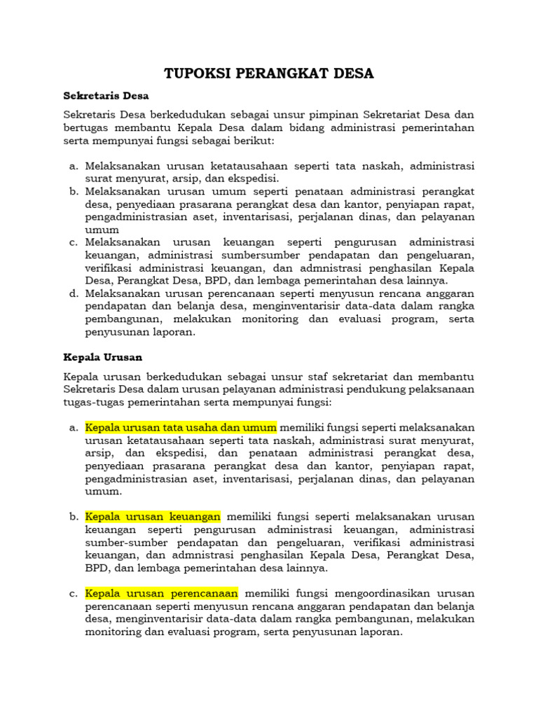 Tupoksi Perangkat Desa | PDF