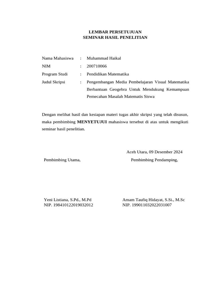 Format Lembar Persetujuan Untuk Seminar Hasil Penelitian | PDF