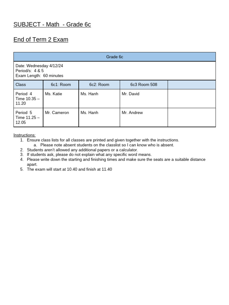 24 - 25 - EOT 1 Exam Instructions 6c | PDF