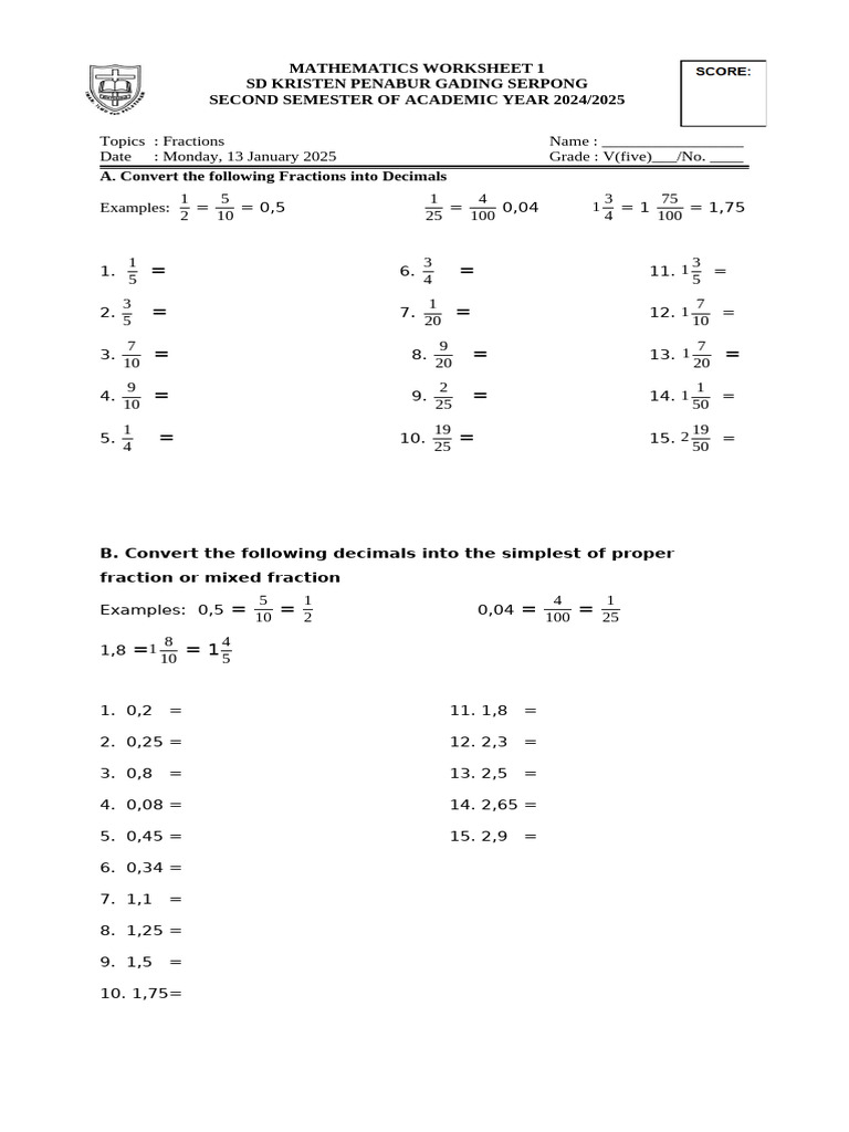 P5 Penabur Math Worksheet 1_Convert Fraction to Decimals and Conversely | PDF | Lexicology ...