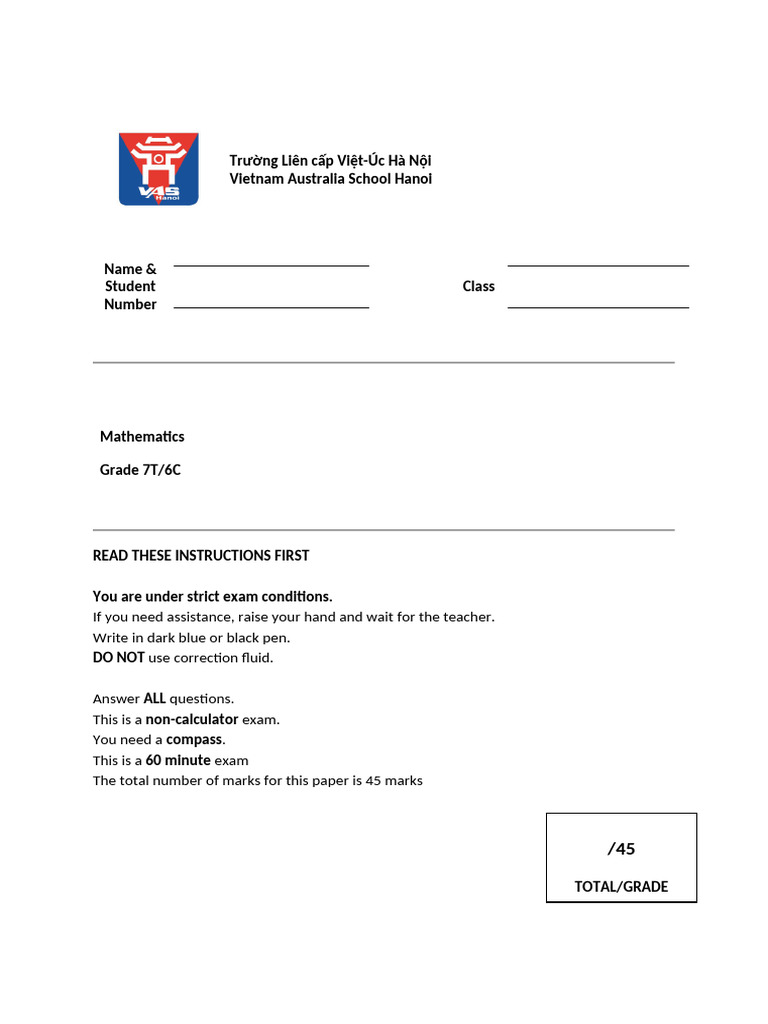 Grade 7 Mathematics Exam Instructions | PDF