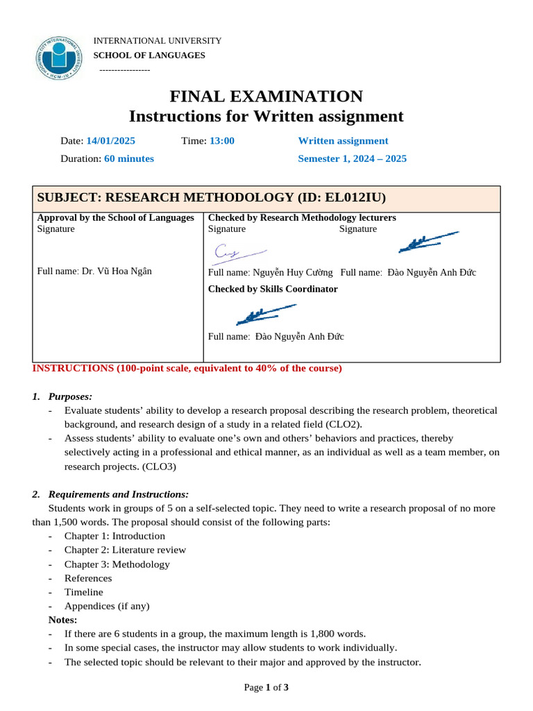 EL012IU Research Methodology Final 2425S1_Instructions | PDF | Evaluation | Turnitin