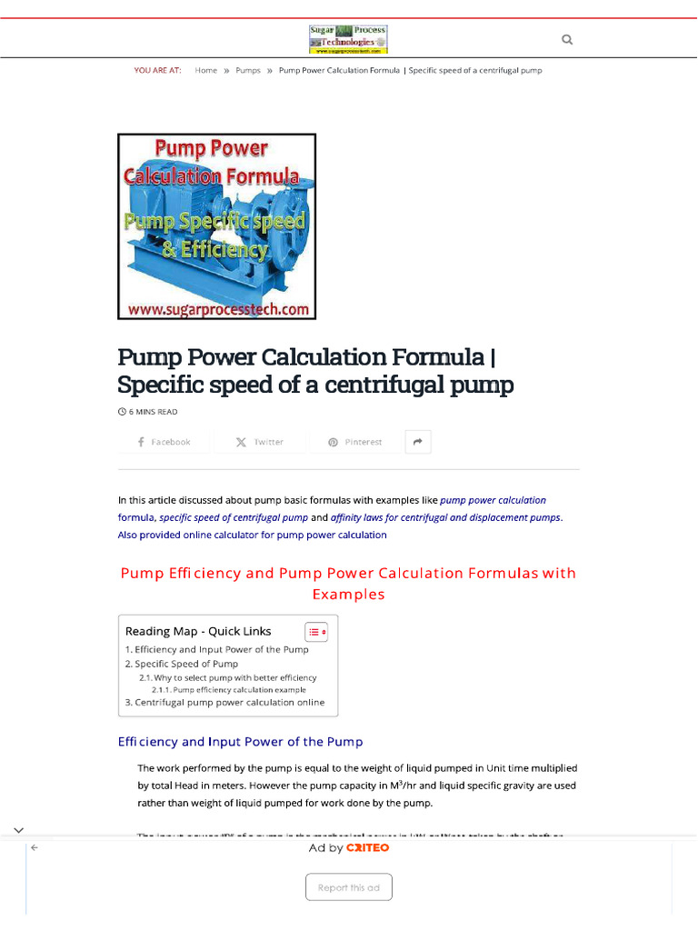 Pump Power Calculation Formula - Specific Speed of A Centrifugal Pump | PDF