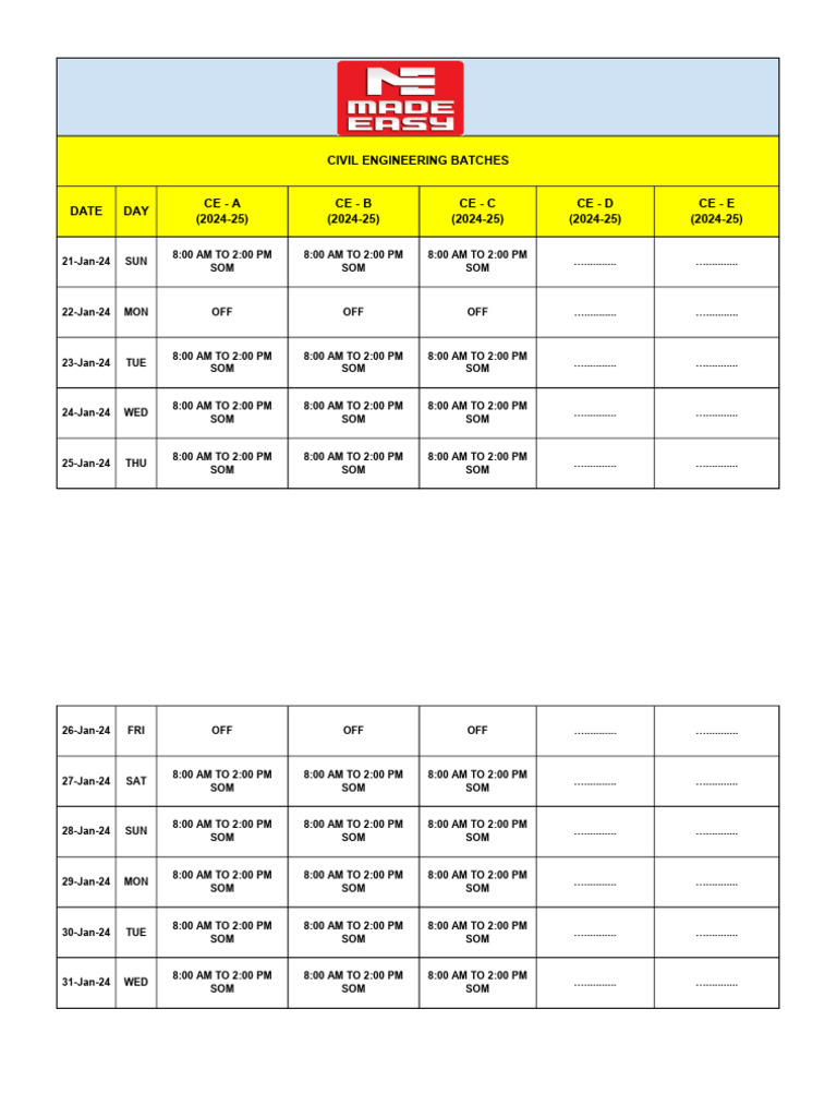 January 2024 Engineering Class Schedule | PDF