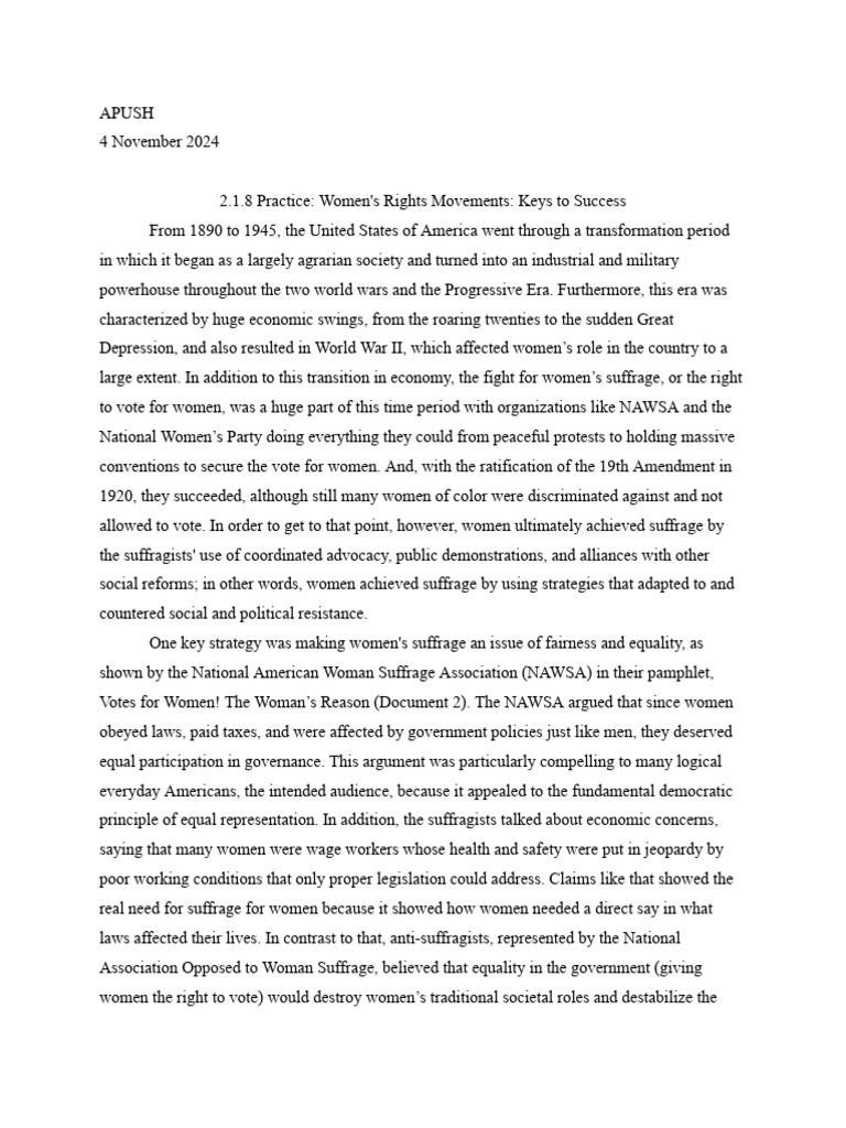 APUSH Women's Rights DBQ | PDF | Women's Suffrage | Suffrage