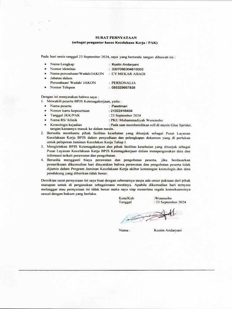 Contoh Surat Kronologi & Pernyataan BPJSTK | PDF