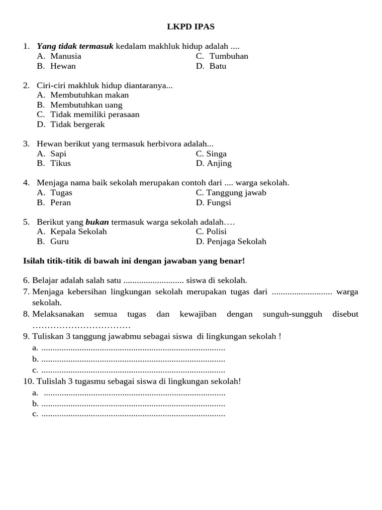 Soal UH IPAS Tugas Peran Dan Tanggung Jawab Serta Interaksi Sosial | PDF