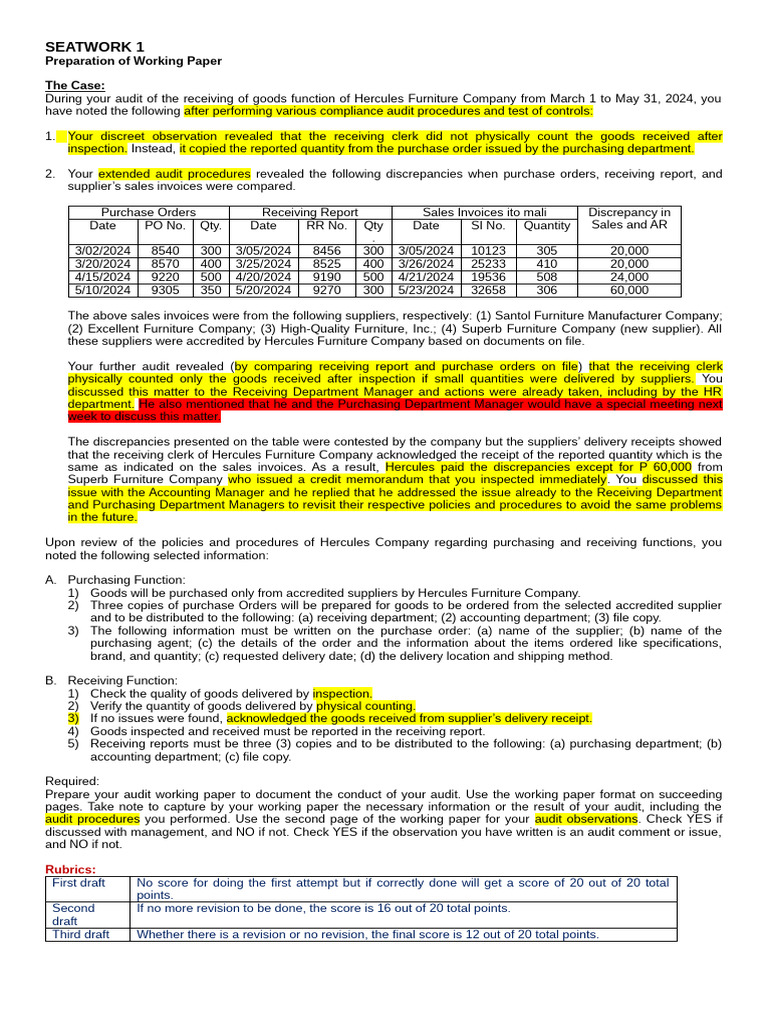 SEATWORK 1 Preparation of Working Papers | PDF | Receipt | Audit