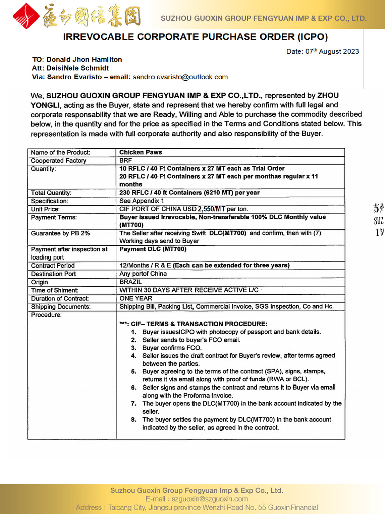 ICPO - Suzhou Guoxin Group Ltd. - chiCKEN Paws&Feet | PDF