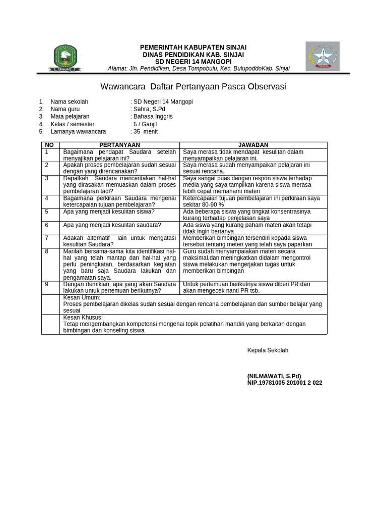 Wawancara Pasca Observasi - DAWIRAH, S.PD | PDF