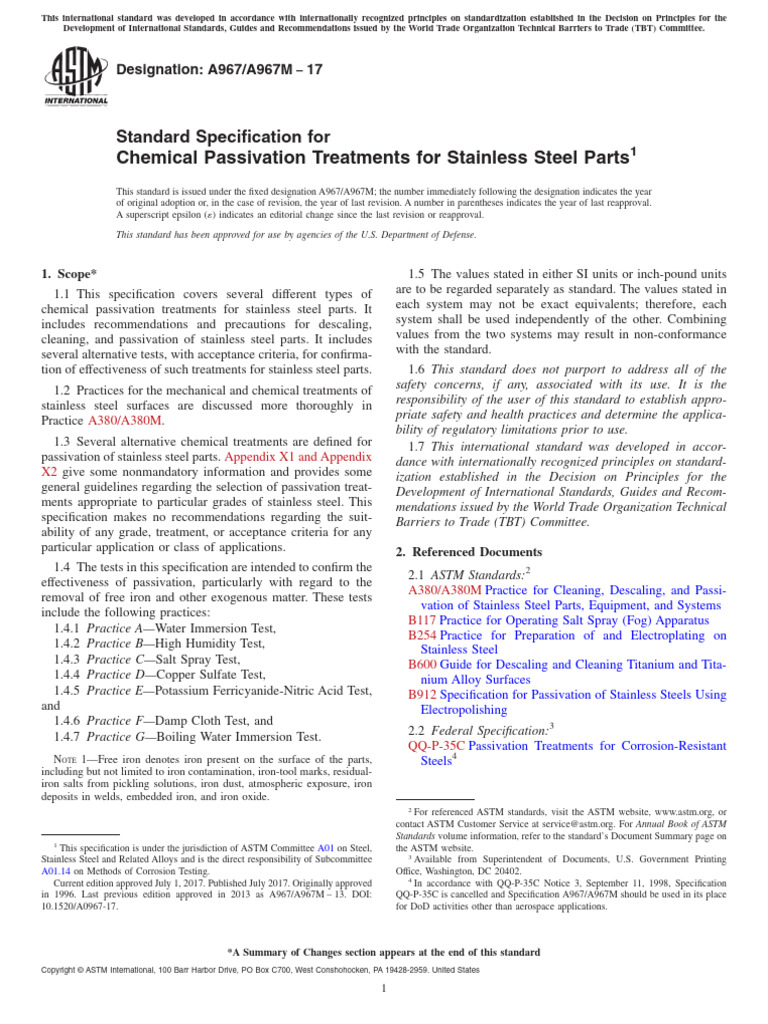 ASTM A967-17 Passivation Standards | PDF | Stainless Steel | Corrosion