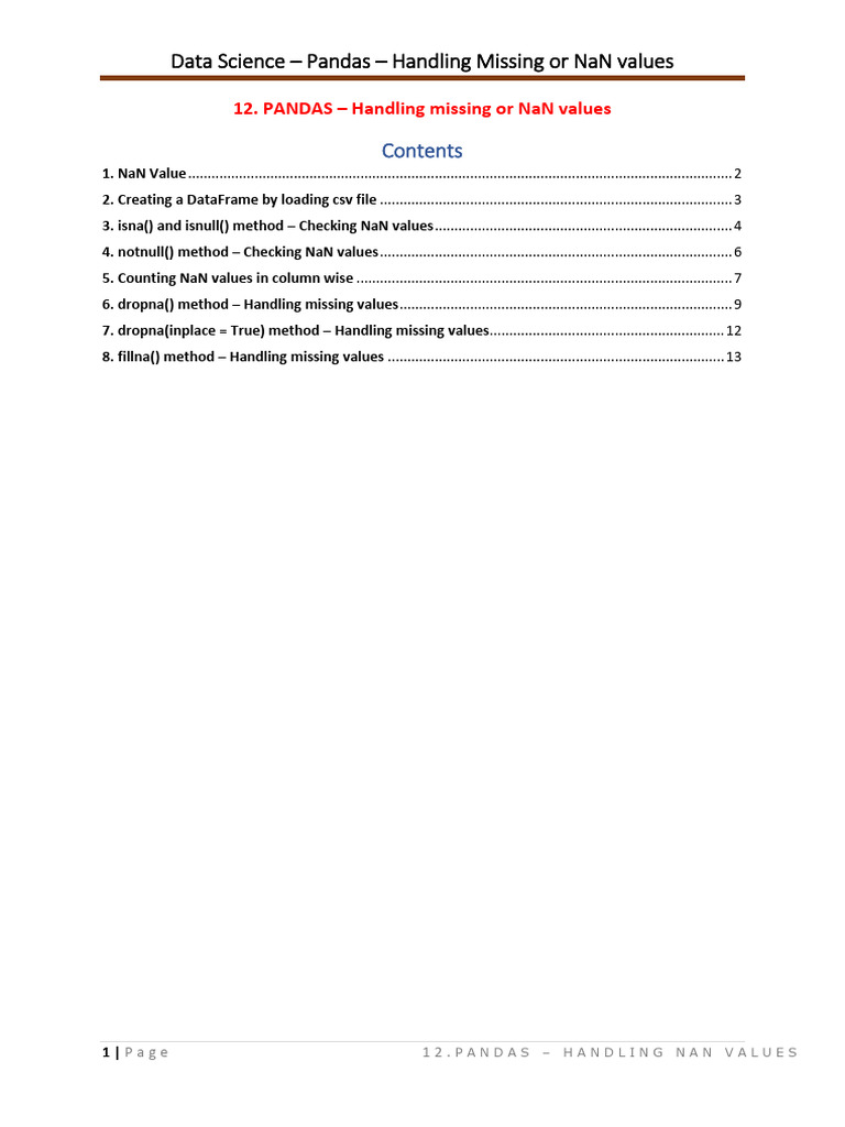 Pandas Dataframe Handling Missing Nan Values Pdf Comma Separated Values Computer Science