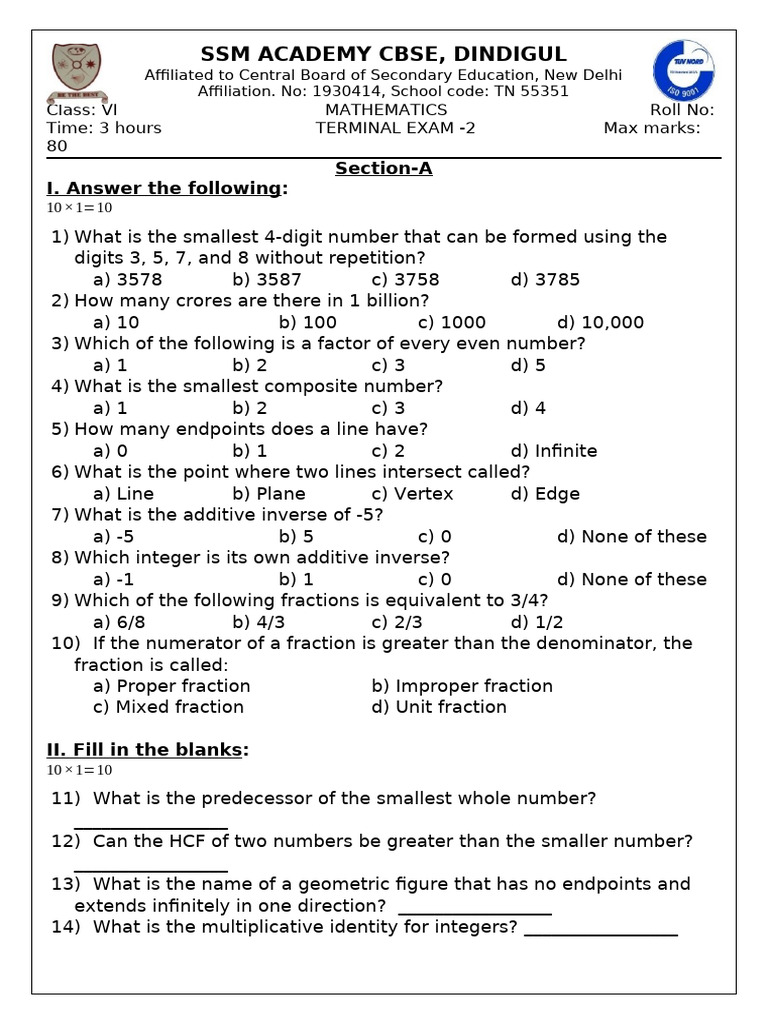 CBSE Class VI Mathematics Exam Paper | PDF | Numbers | Prime Number