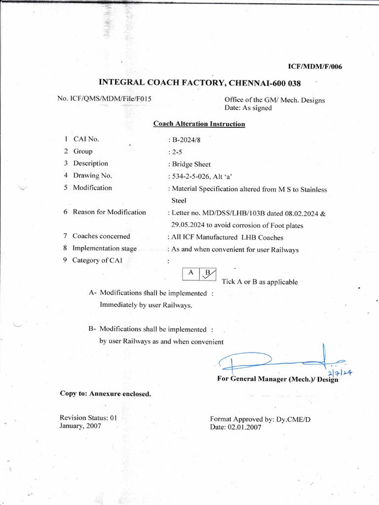 Cai B-2024-08 Material Change To SS For Bridge Sheet in Icf Type LHB Coach | PDF | Rail ...